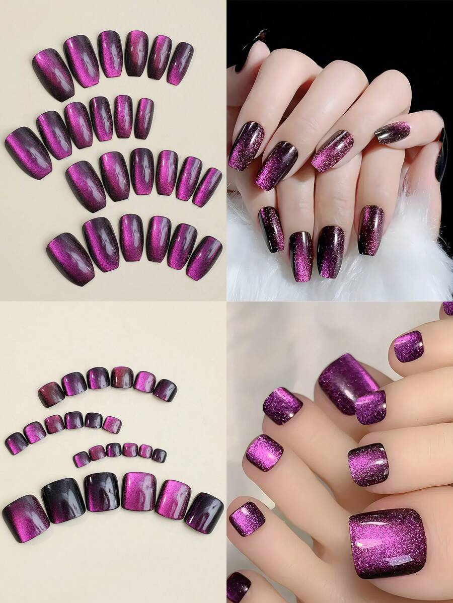 2 Packs (48 Pcs) Trapezoid Fake Nails Purple Cat Eye Press On Nails And ...