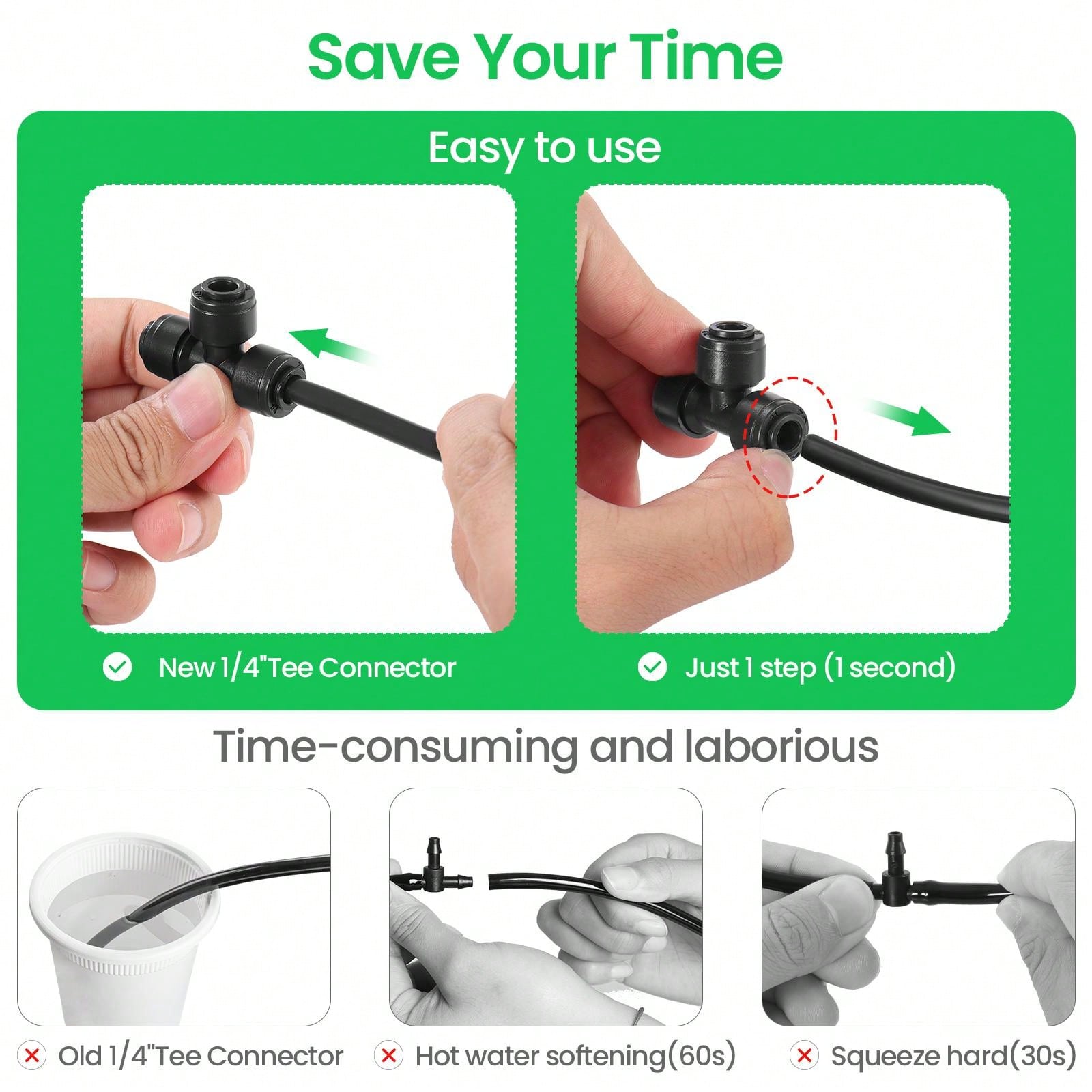 12 Packs Quick-Connect 1/4" Drip Irrigation Tee Connectors Leak Free ...