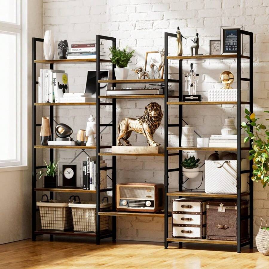 Triple Wide 5 Tier Bookshelf, Rustic Industrial Style Bookcases With 14 ...
