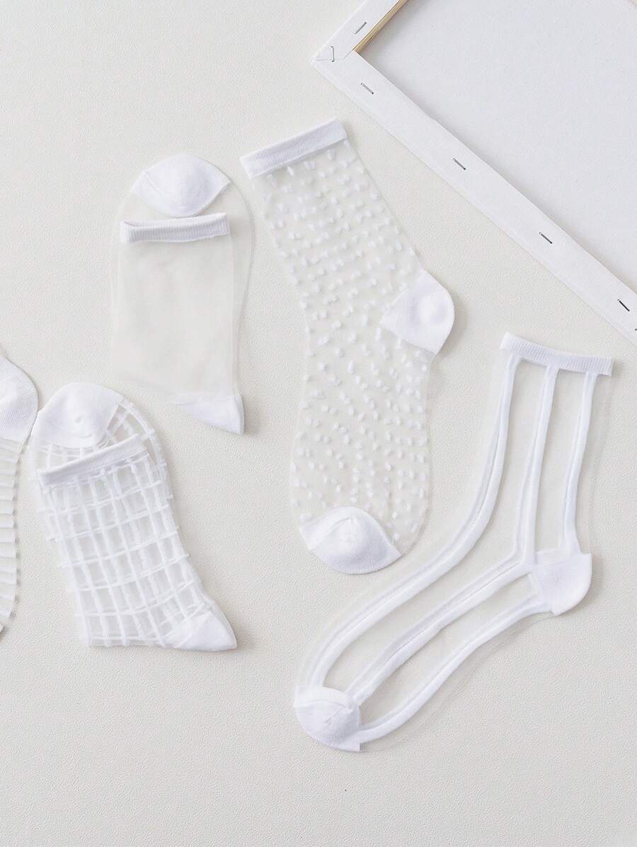 5 Pairs Breathable Womens White Nylon Stockings Shein Usa