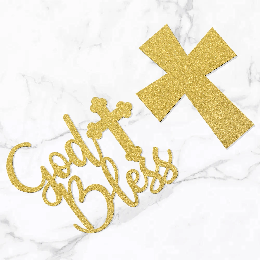 12 PCS God Bless & Cross Cupcake Toppers Glitter Gold Baptism ...