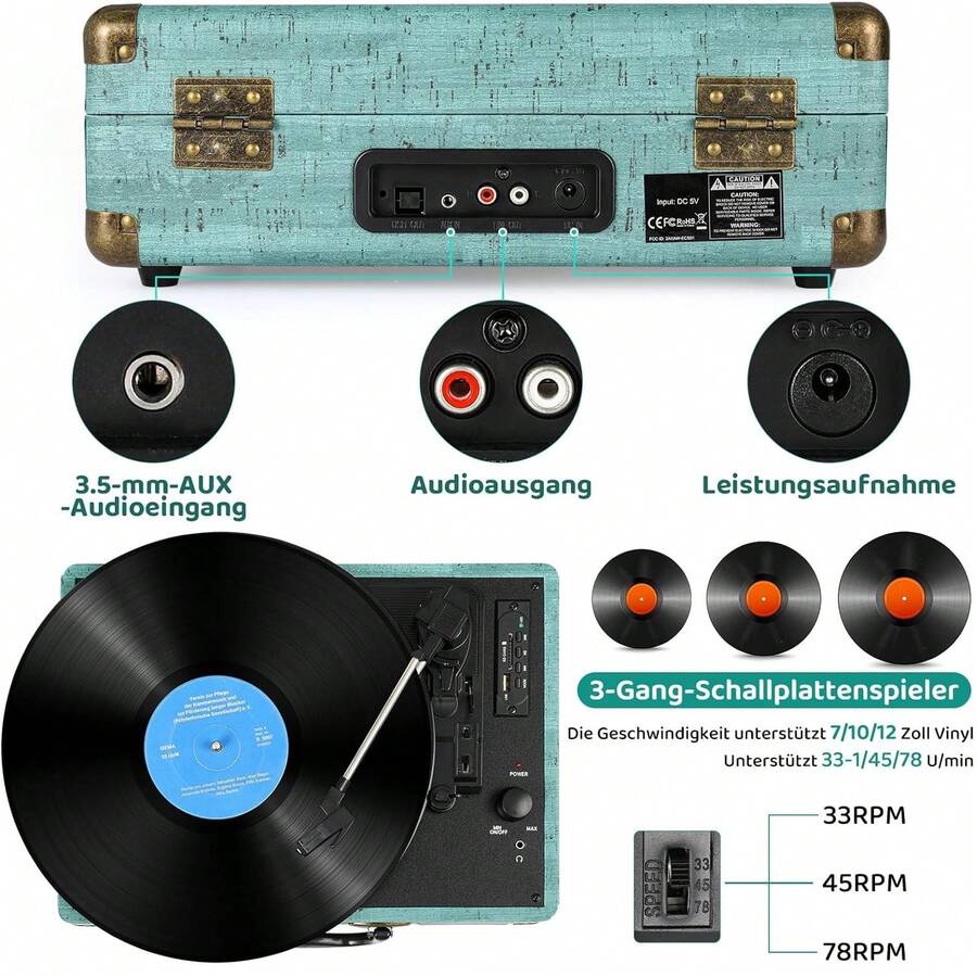 Turntable With Speaker, 3-Speed Portable Stereo Turntable, Turntable ...