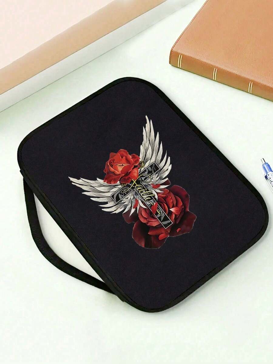 1pc Black Bible Bag With Red Rose Wing & Cross Pattern, Multi-Purpose ...