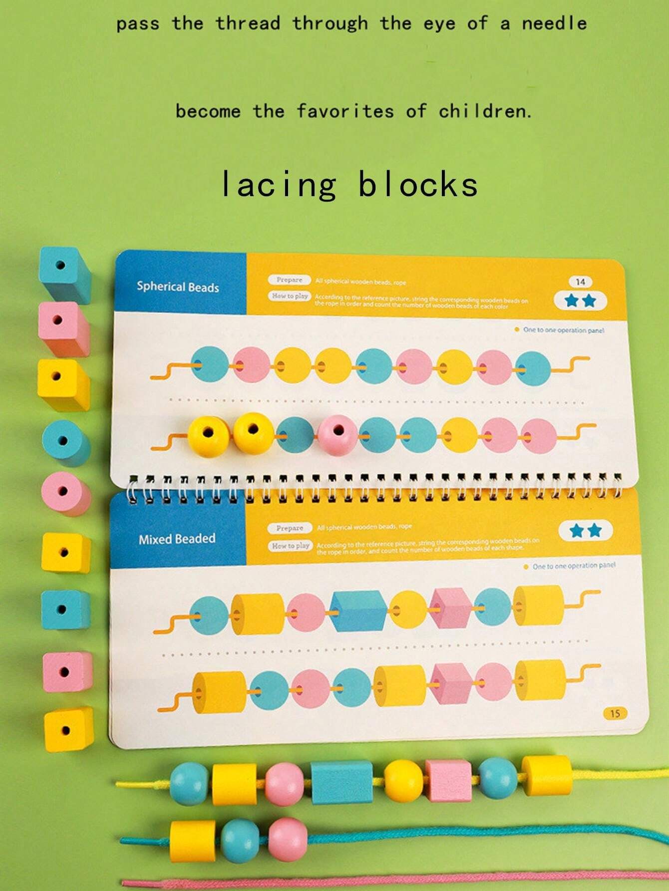 Children's Wooden Bead Stringing Toy With Lacing Cord, Montessori ...