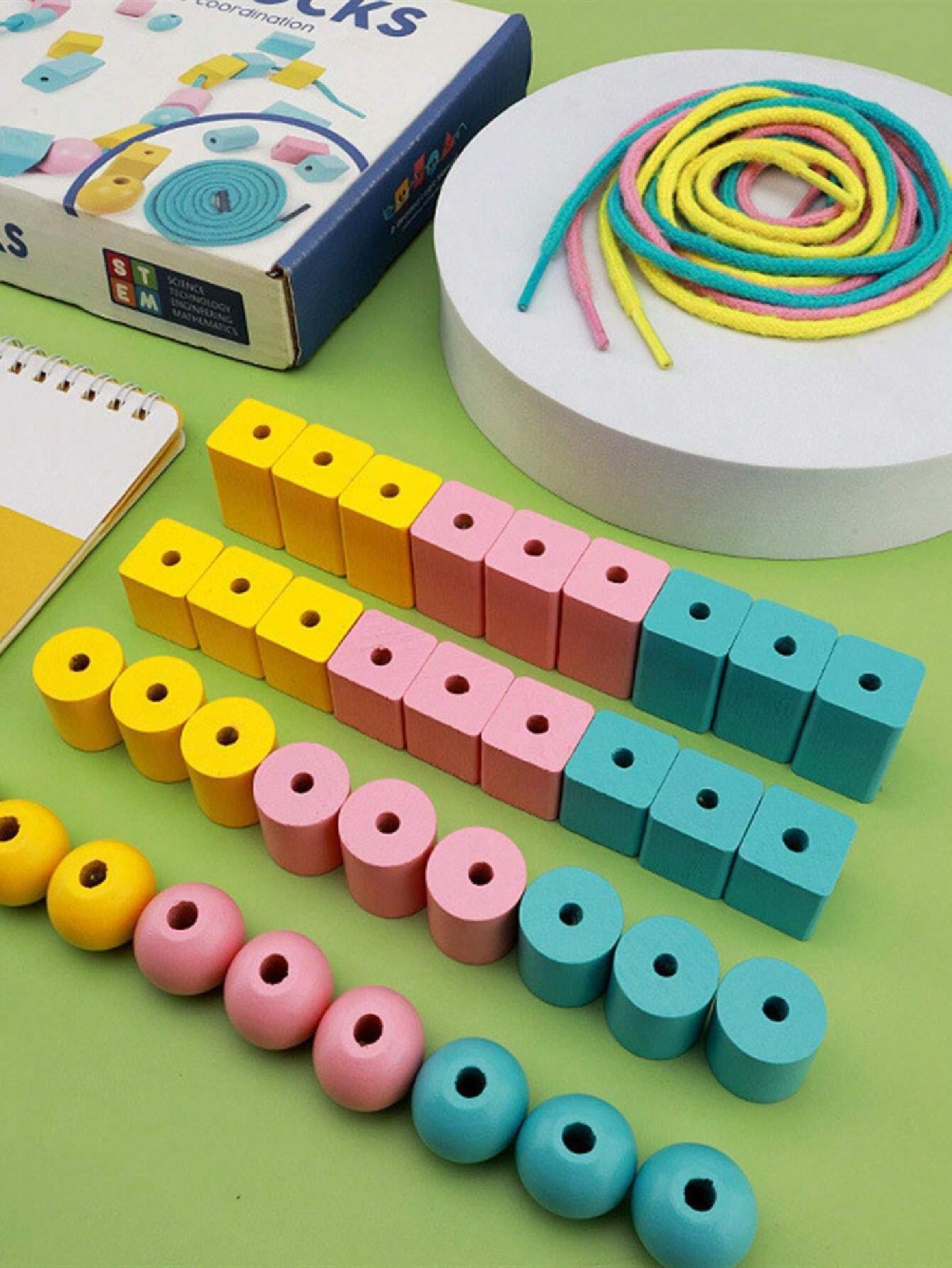 Children's Wooden Bead Stringing Toy With Lacing Cord, Montessori ...