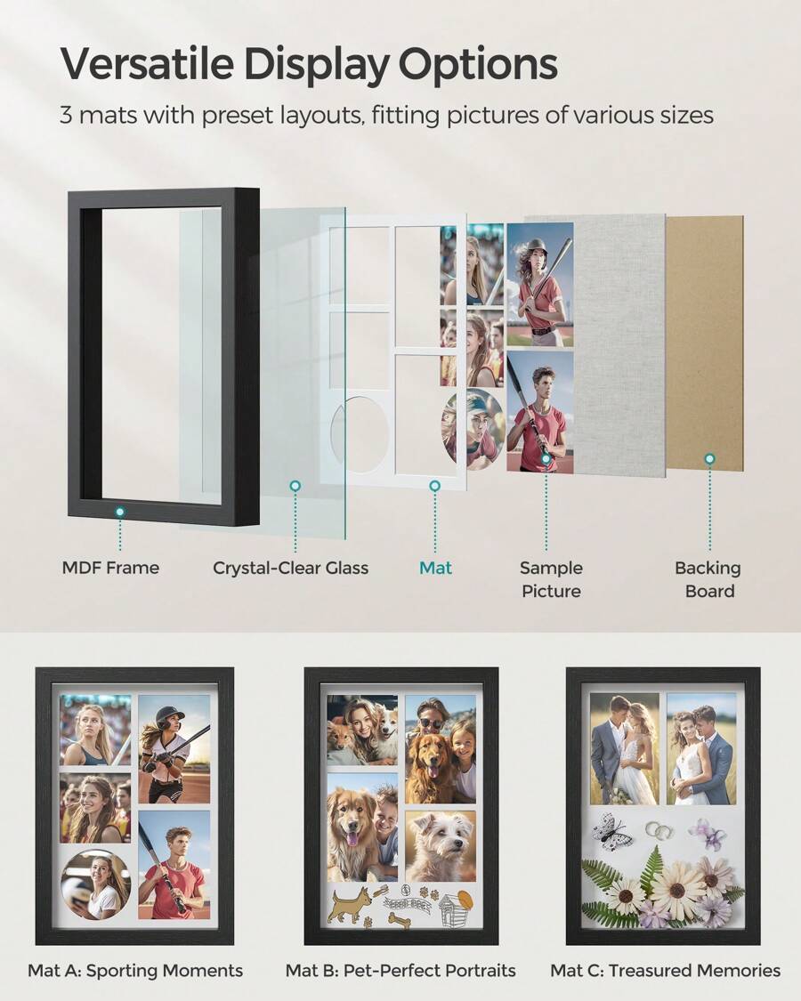 SONGMICS A4 Shadow Box Frame, 1.3-Inch Deep Memory Display Case For ...