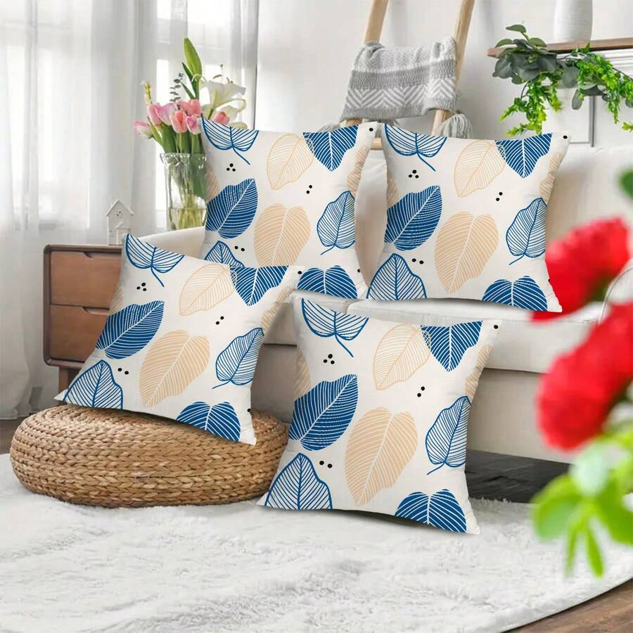 1pc Tropical Rainforest Style Printed Peach Skin Throw Pillow Cover, With Leaves & Stem Pattern ...