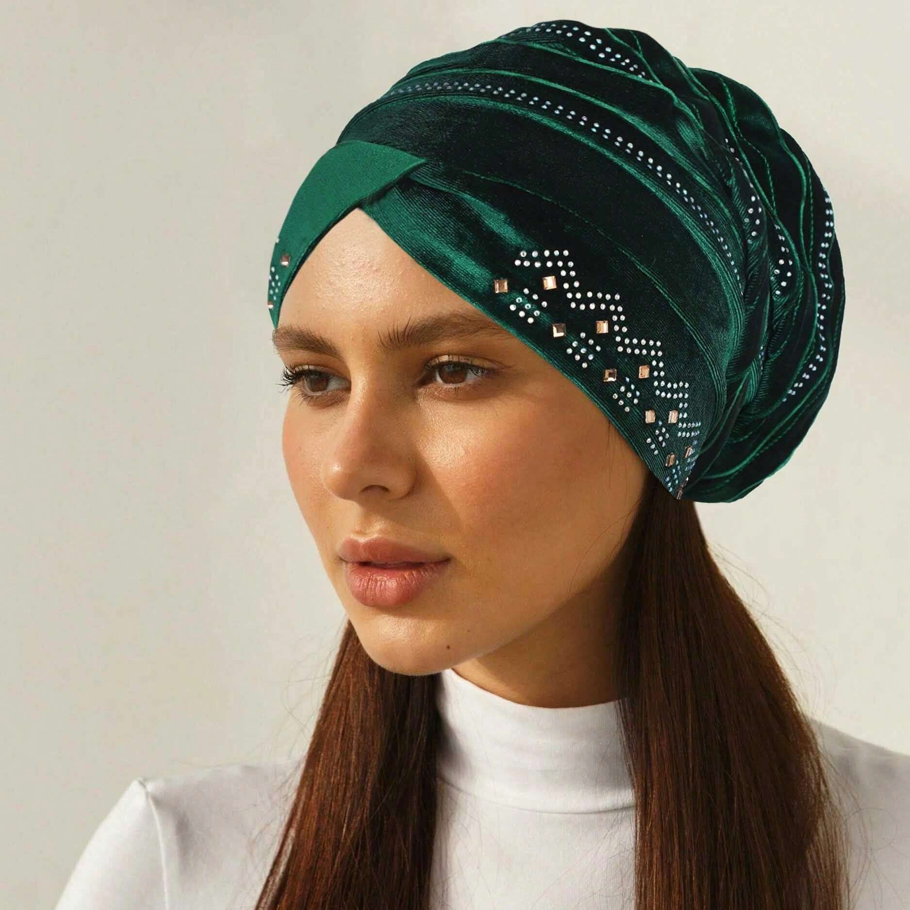 Pre-Tied Headband Green Crystal Pleated Stretchy Turban For Daily ...