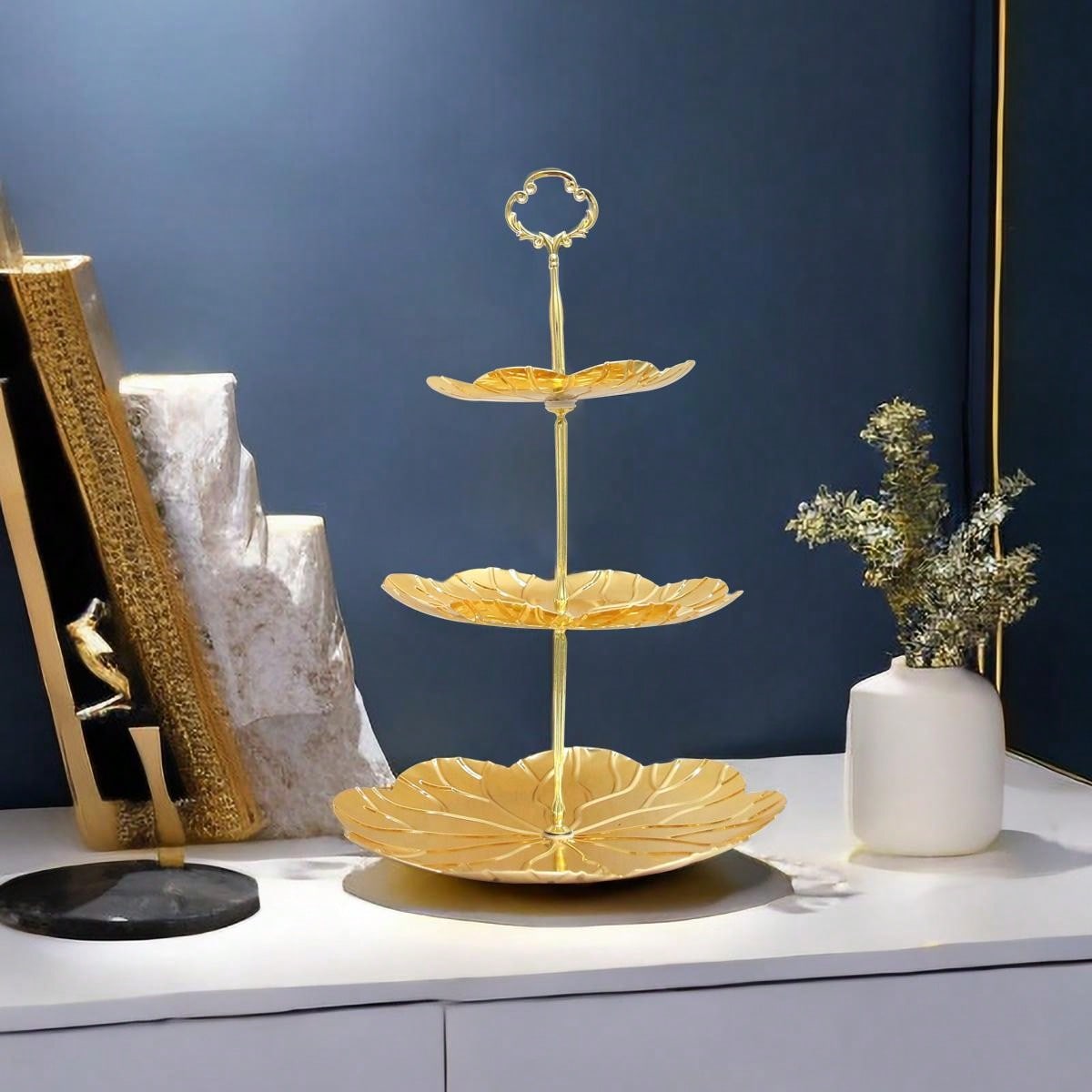 1pc Iron 3-Layer Tray, Lotus Leaf Design Tray, Modern Creative Cake ...