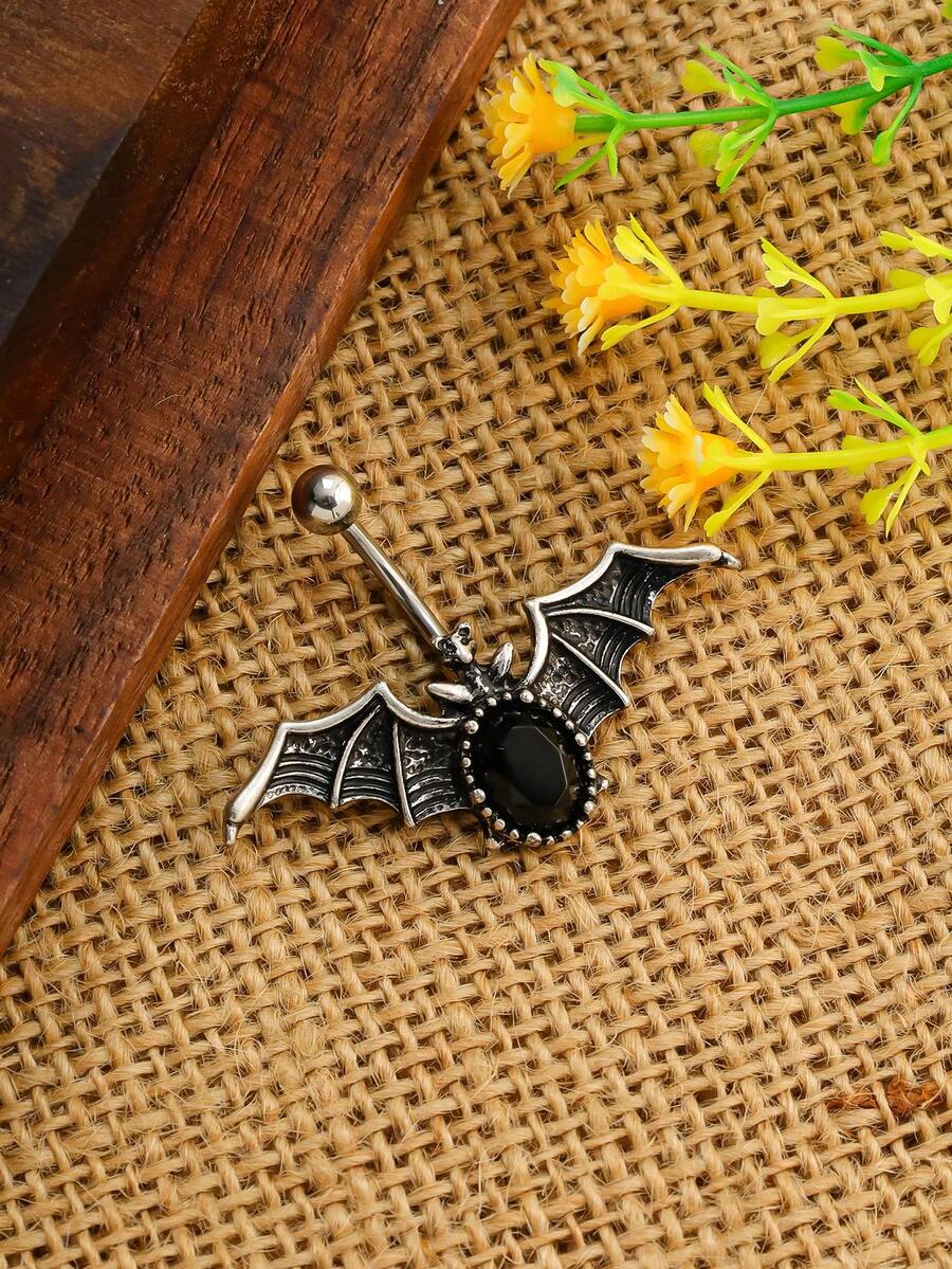 1pc Vintage Burnished Black Wing & Bat Shaped Black Gem Belly Button ...
