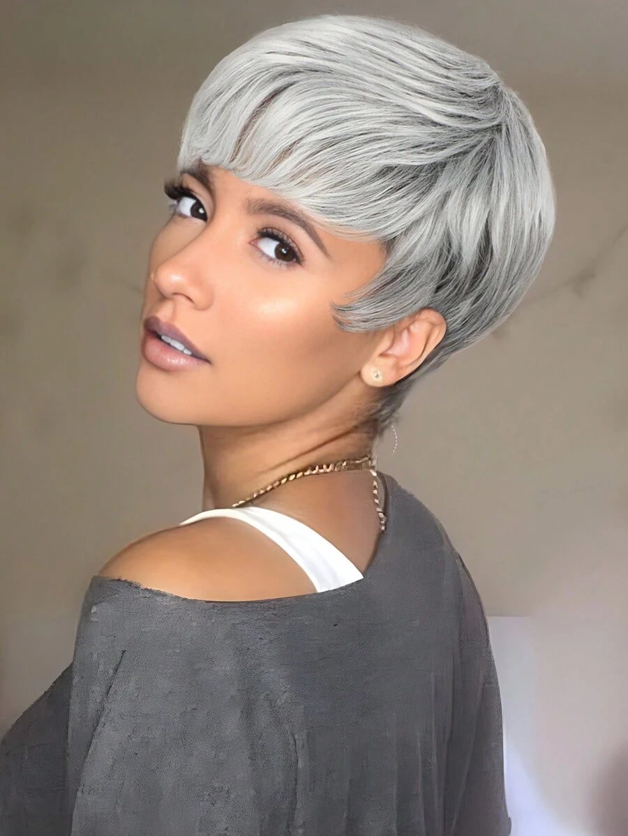 Pixie Cut Wigs 4 Inch Synthetic Short Ombre Gray Pixie Haircut Wig With ...