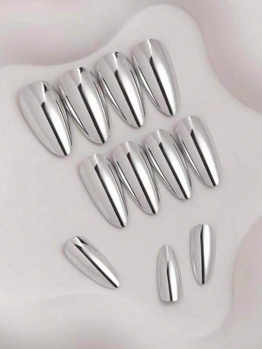 24 Cool Nail Medium Ails, Silver Mirror Gloss False Nails, Metal Acrylic Full Coverage False ...