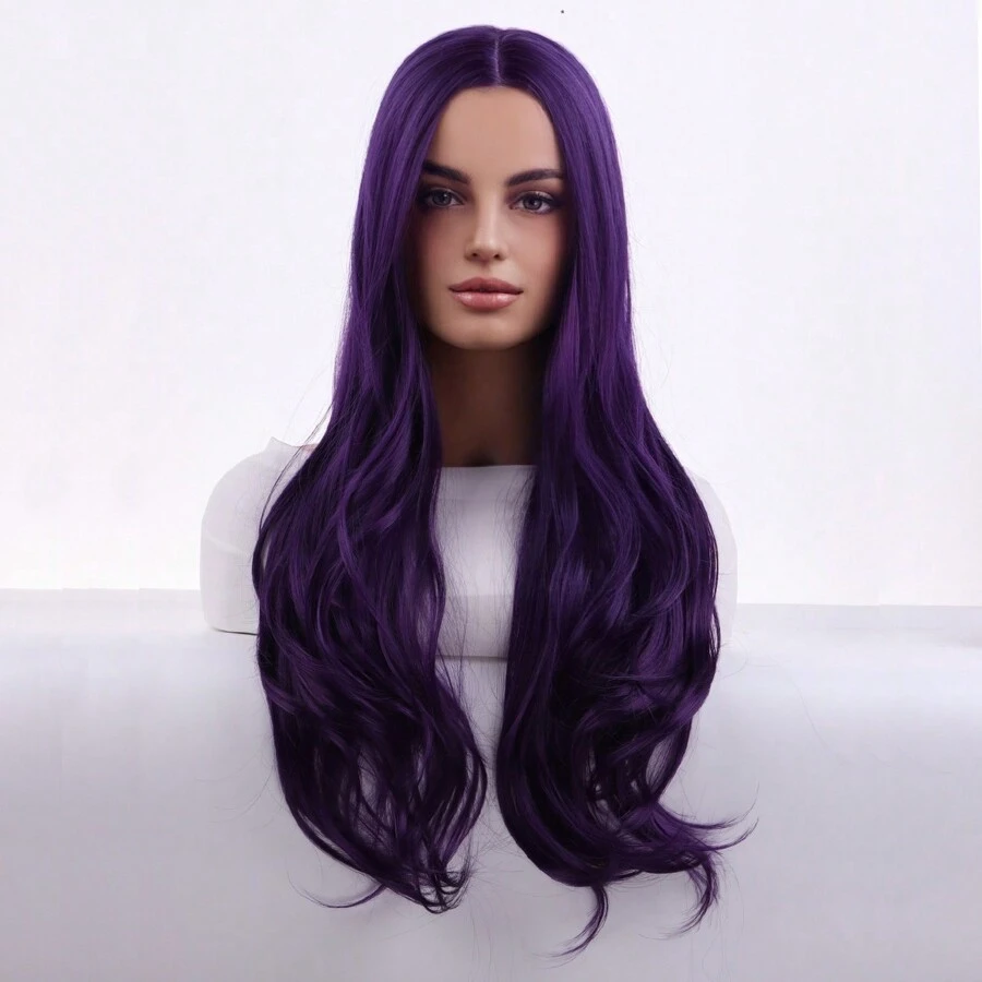 Women Girls Long Wavy Dark Purple Wig Middle Part Synthetic Heat ...