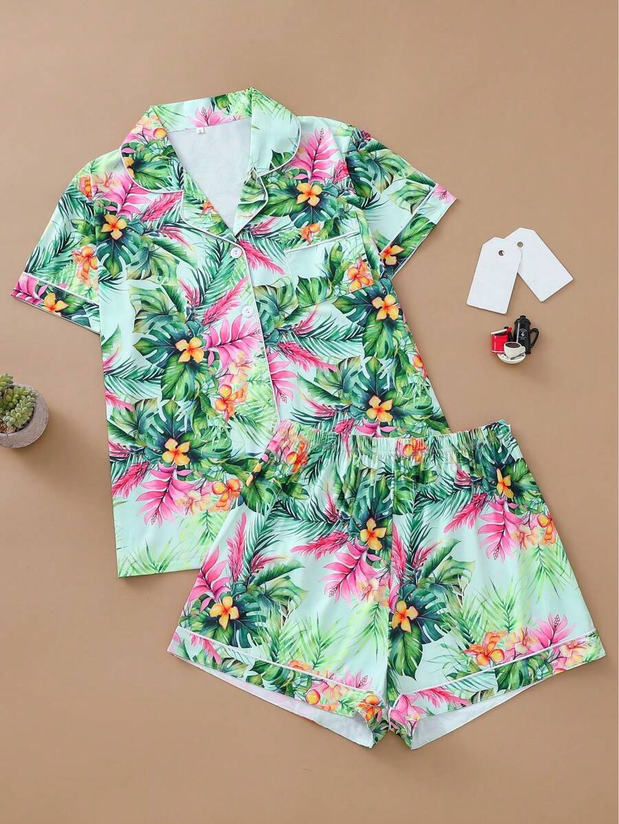 Tropical Flower Printed Women's Pajama Set, Short Sleeve Top With Lapel ...