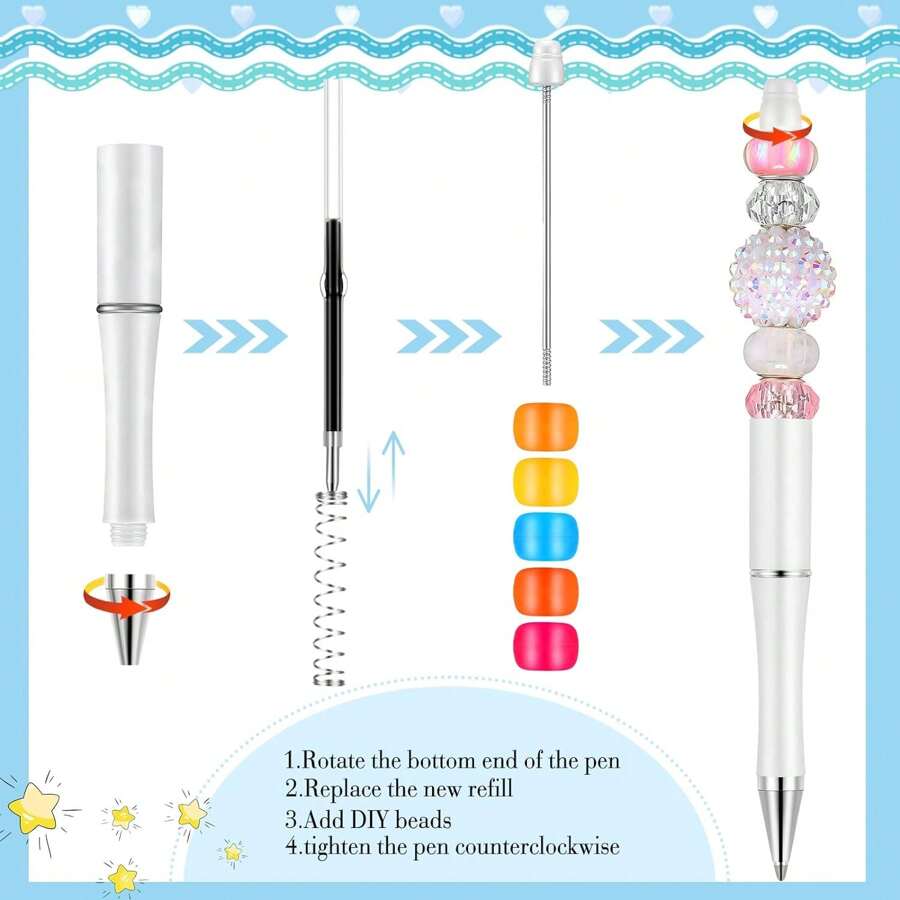 20 Pcs Beadable Pens, Plastic Bead Pen Bulk Colored,Black Ink Beaded ...