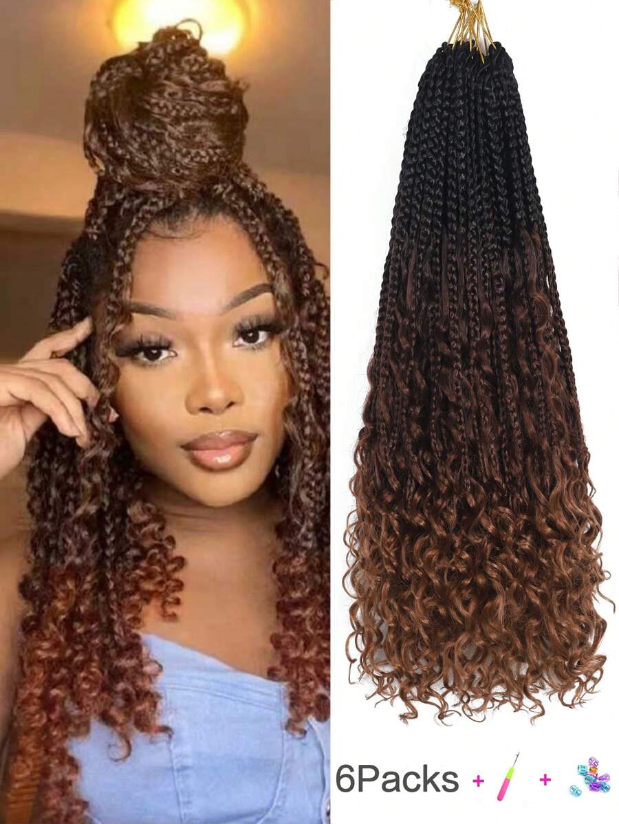 6Packs Ombre Crochet Box Braids With Curly Ends, Pre-Looped Synthetic ...