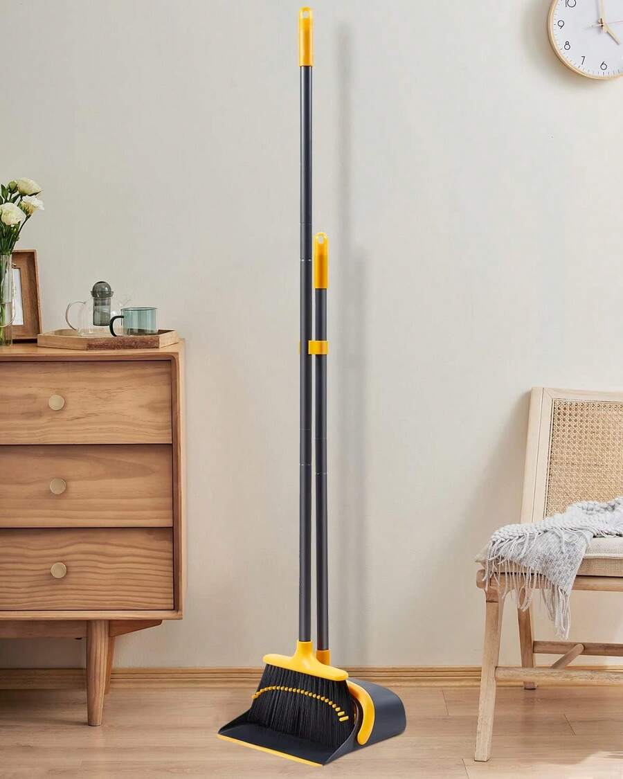 Upgrade Broom And Dustpan Set For Home, 52'' Long Handle, Standing Dustpan And Broom For Kitchen ...