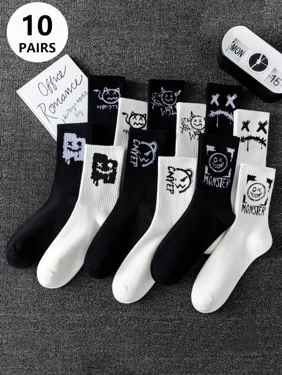 10 Pairs Random Unisex Black & White Funny Graffiti Print Mid-Calf ...