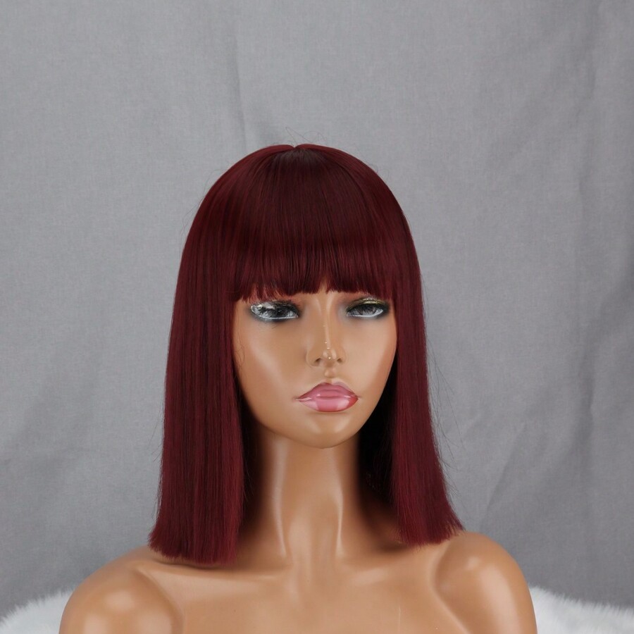 12 Inch Burgundy Accentuated White Bob Synthetic Wig With Bangs Worn Daily By Women Shein Usa