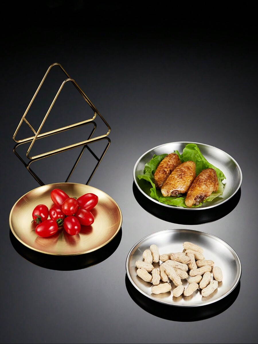 6pcs Korean Style Stainless Steel Plates Set With Rack, Shallow Round ...
