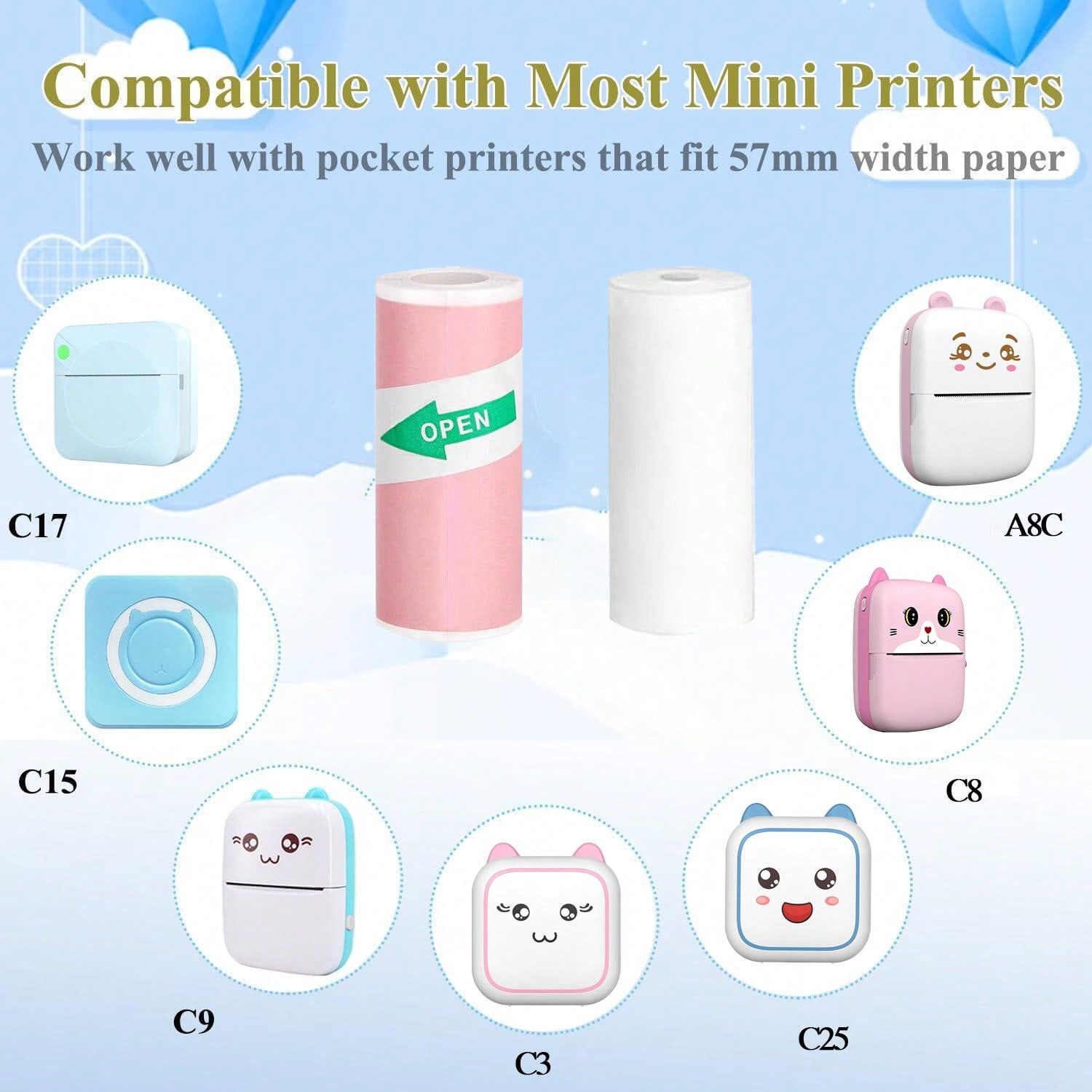 Mini Printer Paper (10/20 Rolls Colorful Self-Adhesive Sticker Paper ...