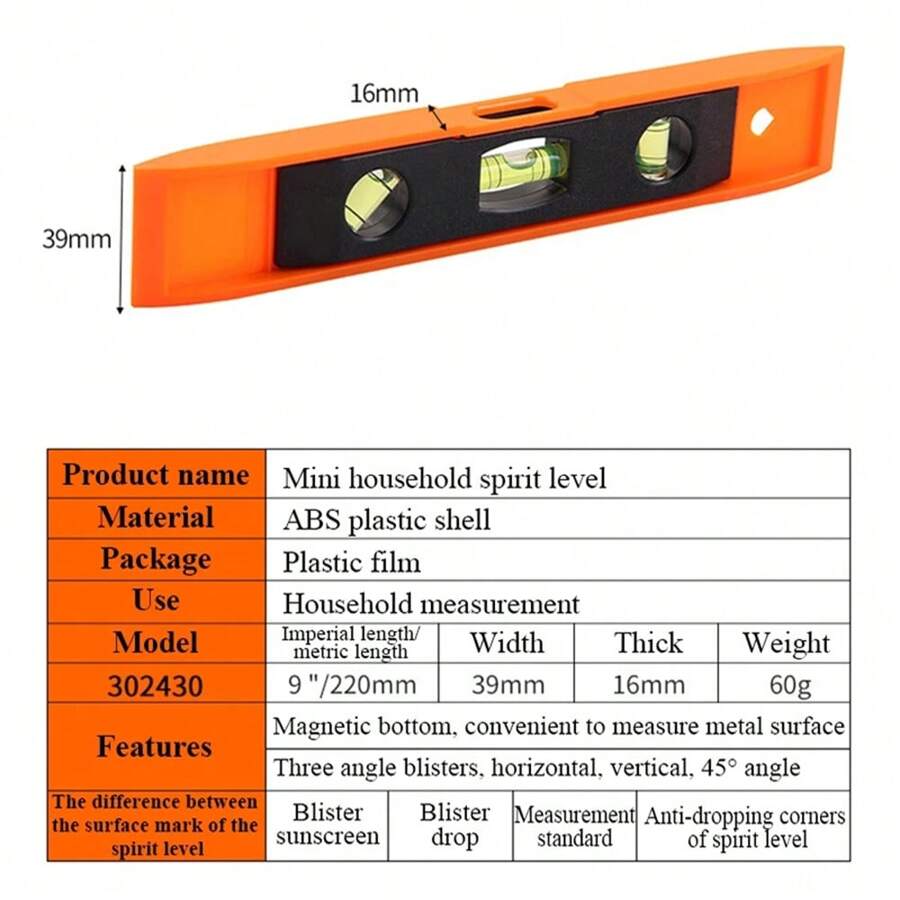 9 Inch Magnetic Spirit Level 3 Bubble Mini Portable Spirit Level Tool ...