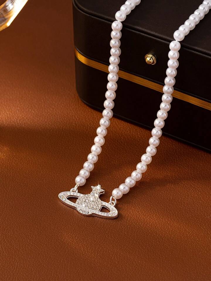 1pc Fashionable Pearl Pendant Necklace With European American Style Universe Planet Design SHEIN USA