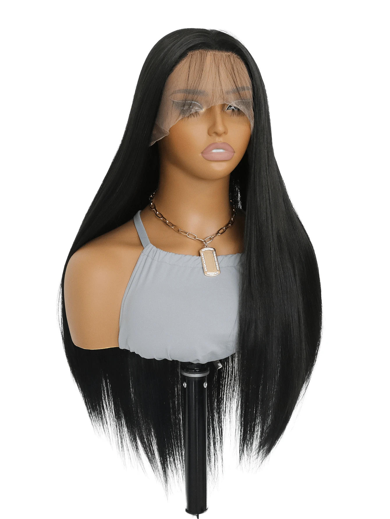 Black Long Straight Synthetic Lace Front Wigs Pre Plucked For 24 Inches