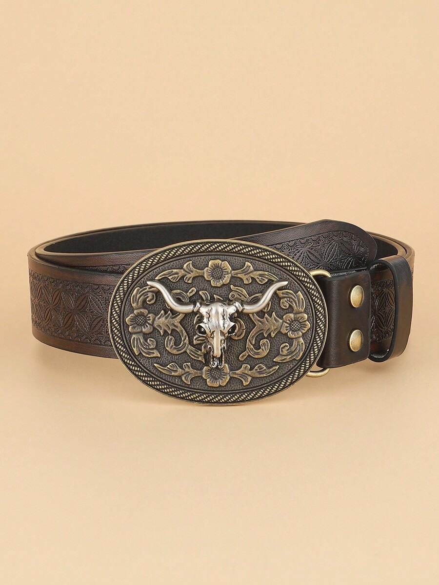 1pc Men's Fashionable Casual Western Style Cowboy Belt With Embossed ...