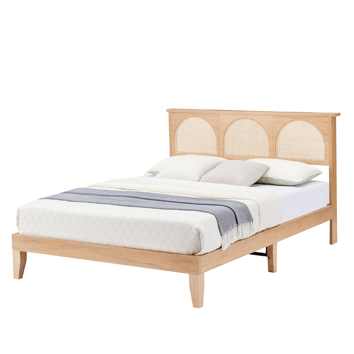 Oak Queen Bed Frame With Natural Rattan Headboard And LED Lighting ...