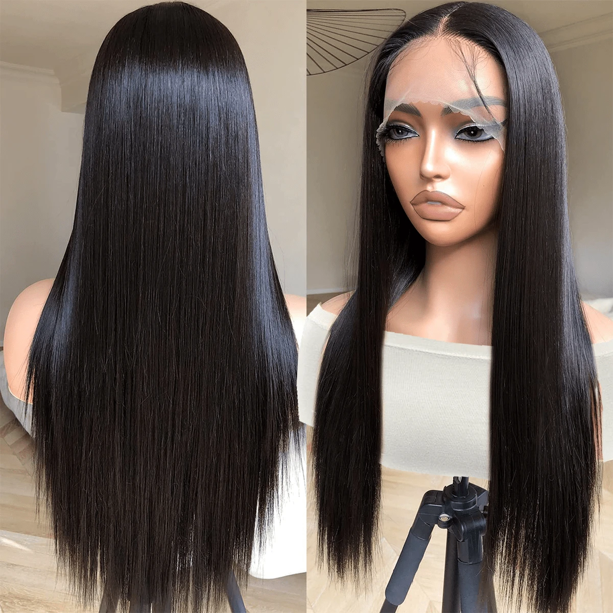 Transparent Lace Wig Straight Hair Wig Mid Split Wig 13*5*1 Lace Area Black 30Inch Synthetic ...