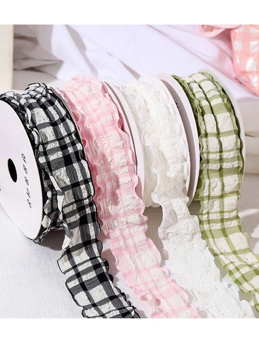 1pc Checkered Ribbon With Pleats, Polka Dots & Satin Embellishment For ...