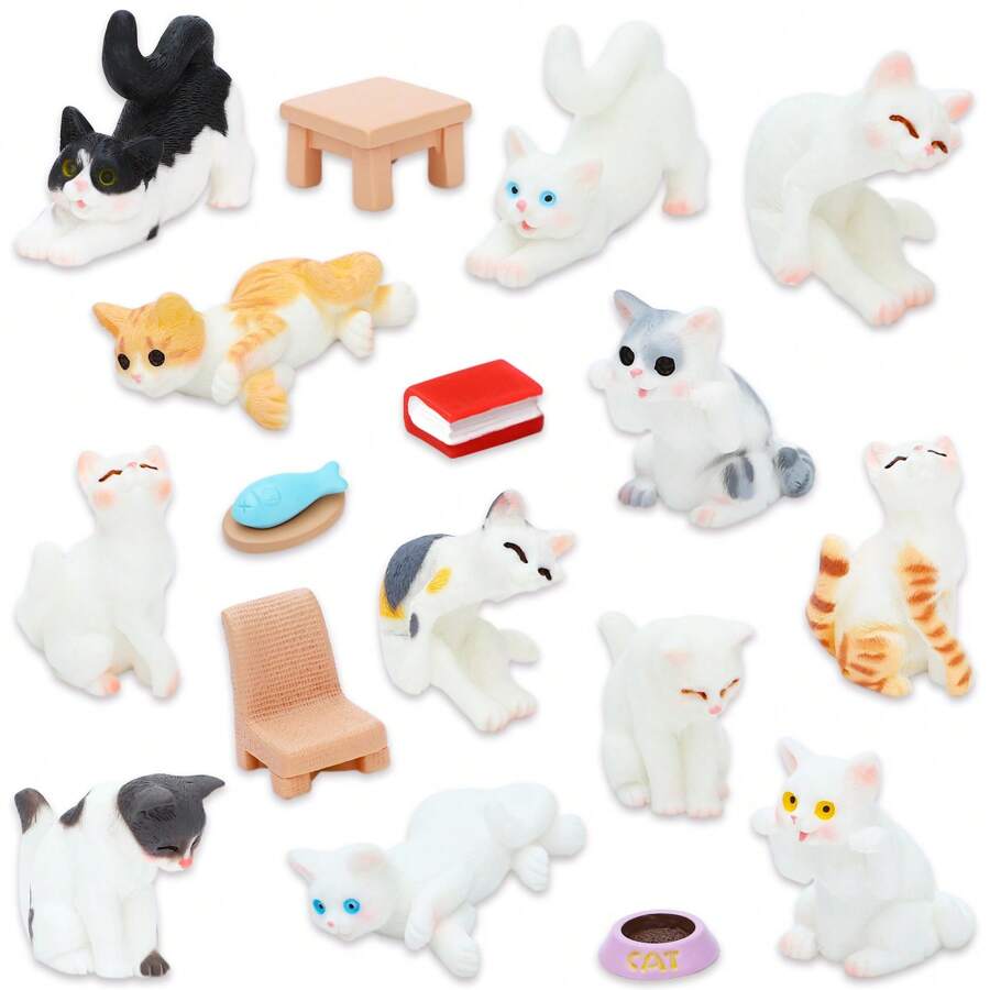 18 Pieces Mini Cats Figurines Playset Hand Painted Tiny Cats Realistic ...