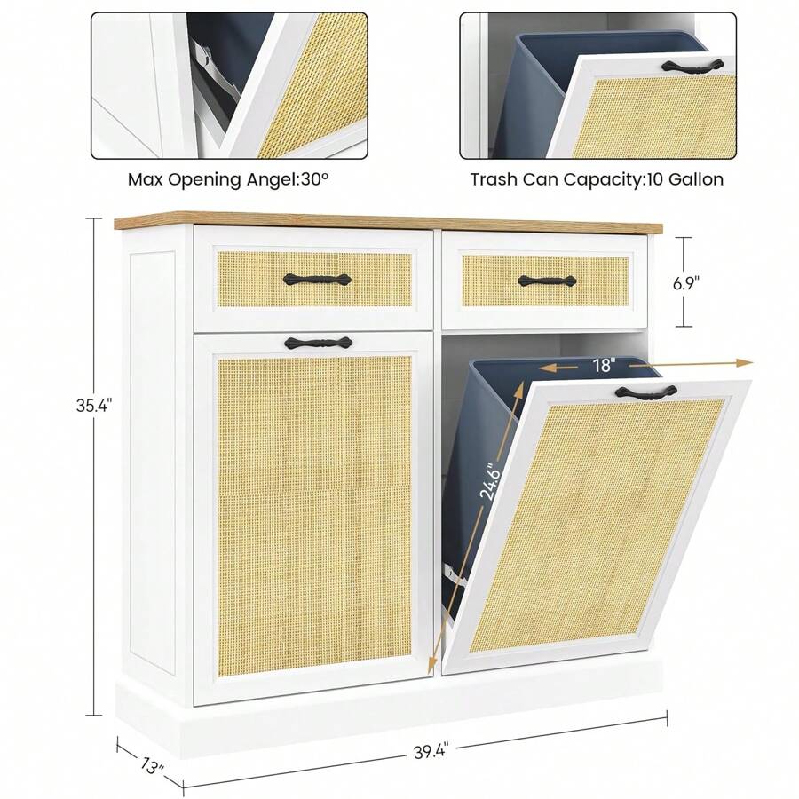 Double Tilt Out Trash Cabinet With Natural Rattan, Hidden Trash Can ...