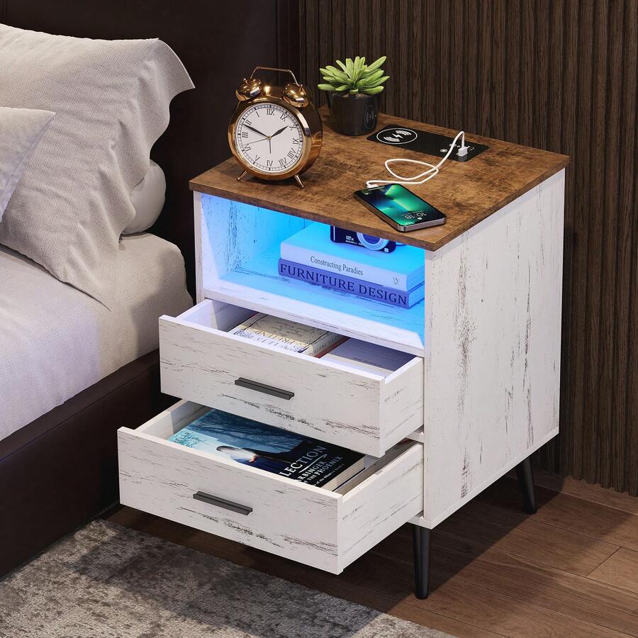 LVSOMT Nightstand With Charging Station And USB Ports, LED Nightstands ...