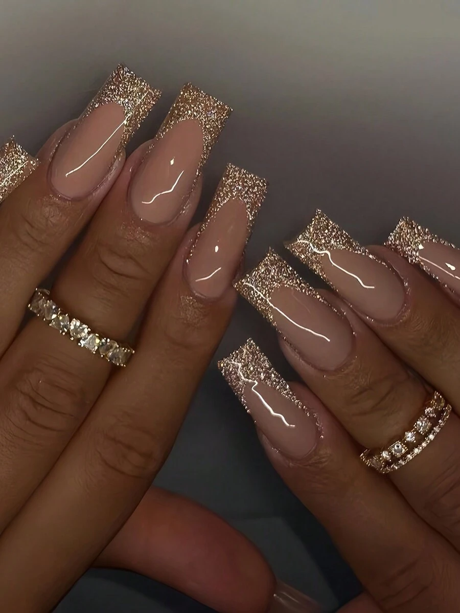 24pcs Gold Glitter French Style Ballerina Nails + 1pc Jelly Gel + 1pc ...