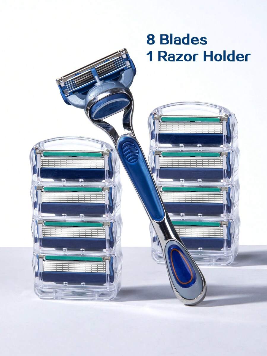 1 Handle + 8 Blades/ Men Safety Razor Blade 5-Layer Stainless Steel ...