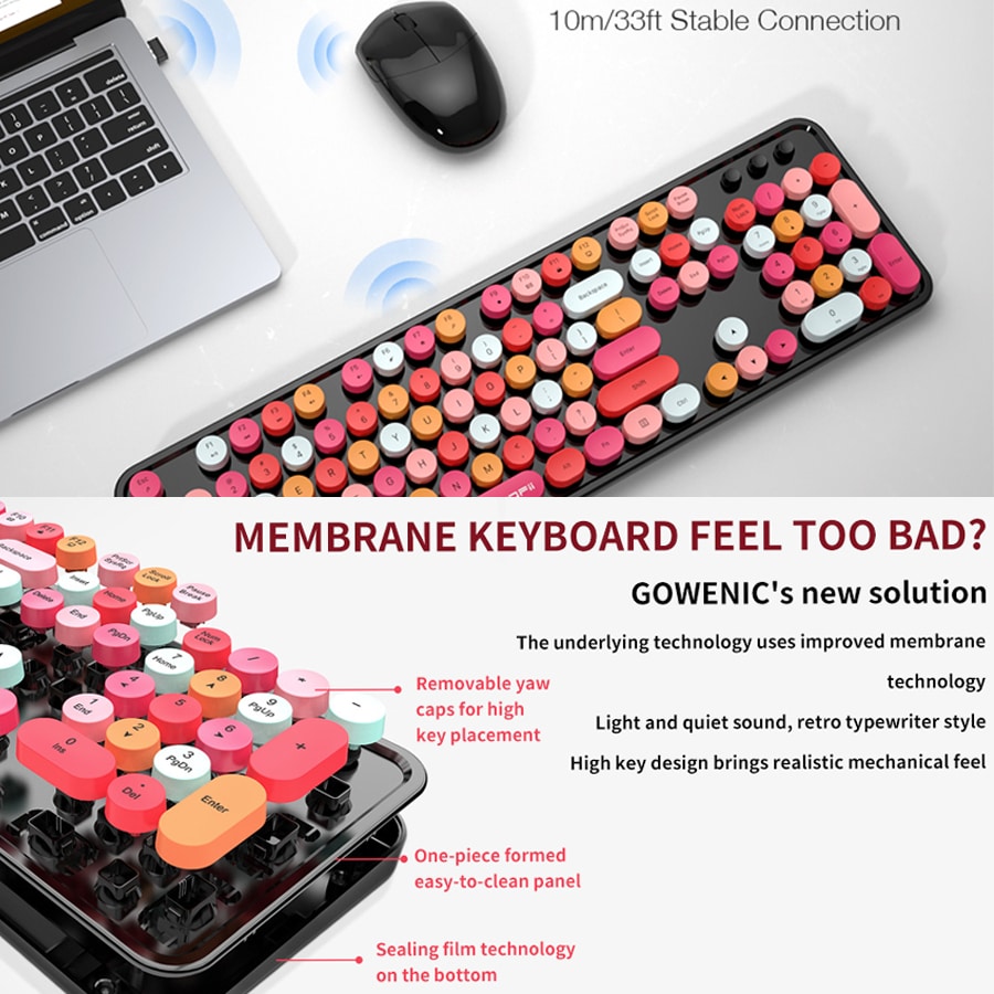 Wireless Keyboard And Mouse Combo Cute 2 4 Ghz Round Keycap Colorful Keyboards And Play Keyboard