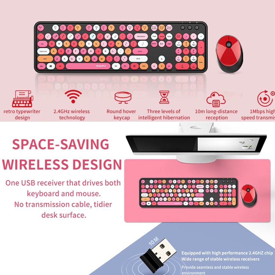 Wireless Keyboard And Mouse Combo Cute 2.4 GHz Round Keycap Colorful Keyboards And Play Keyboard ...