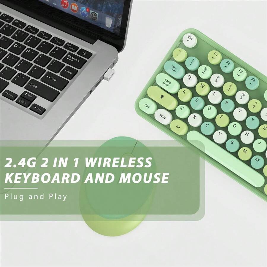 Wireless Keyboard And Mouse Combo Cute 2 4 Ghz Round Keycap Colorful Keyboards And Play Keyboard