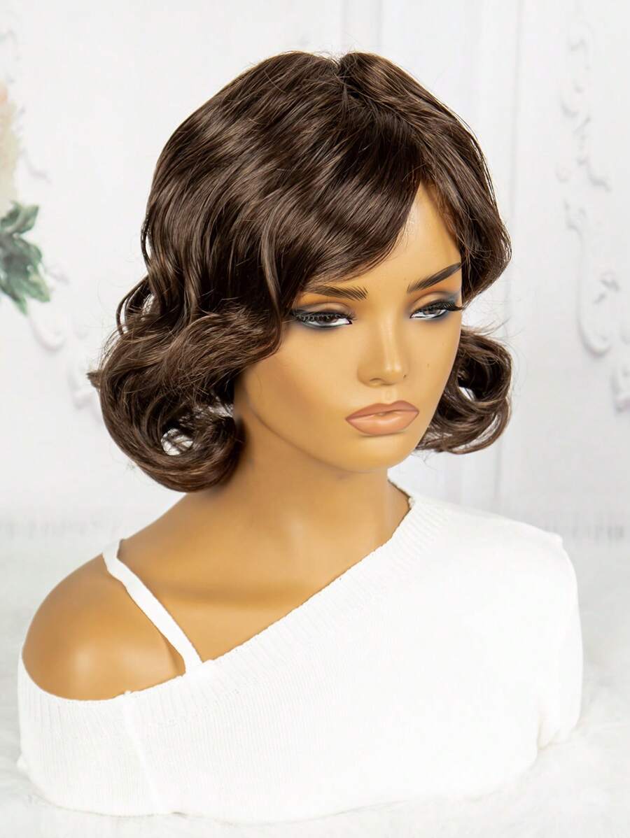 Short Synthetic Fiber Light Brown Curly Wig For Daily Cosplay, Wig Cap ...