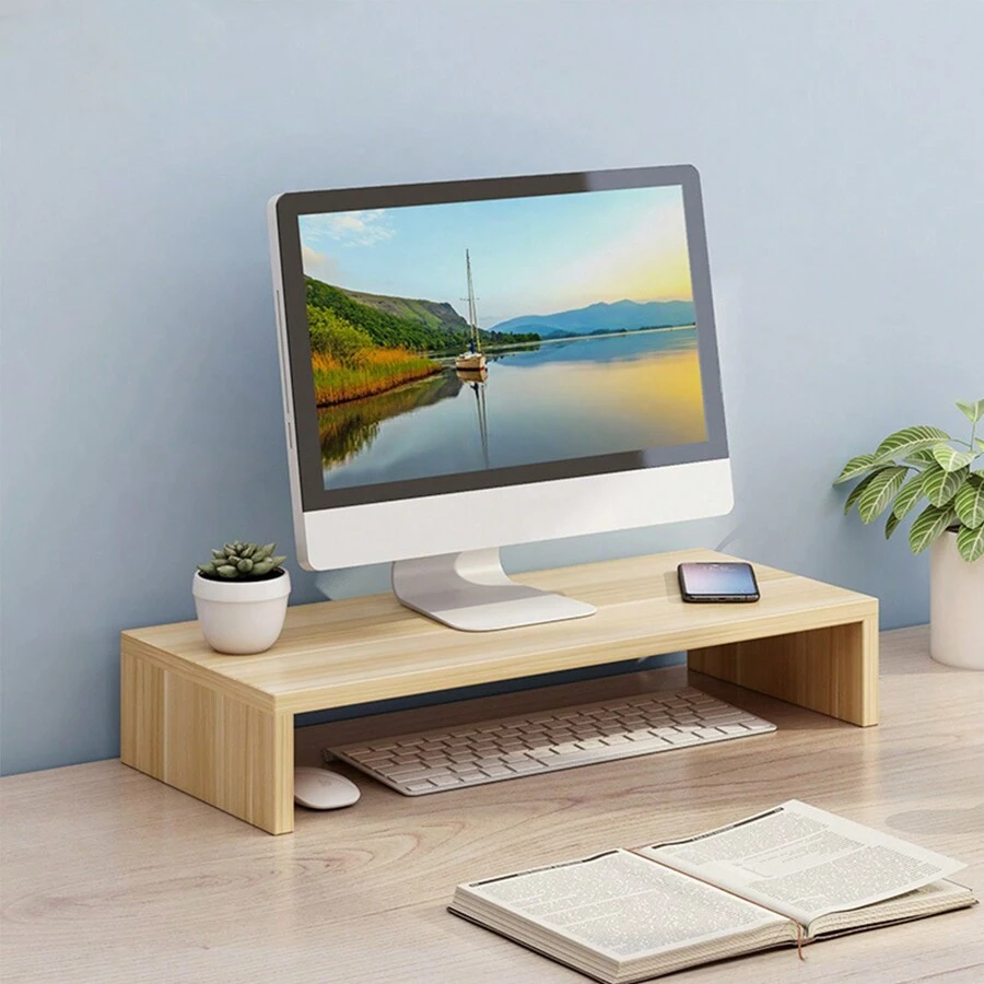 1pc Wooden Color Simple Computer Monitor Riser With Storage Organizer ...