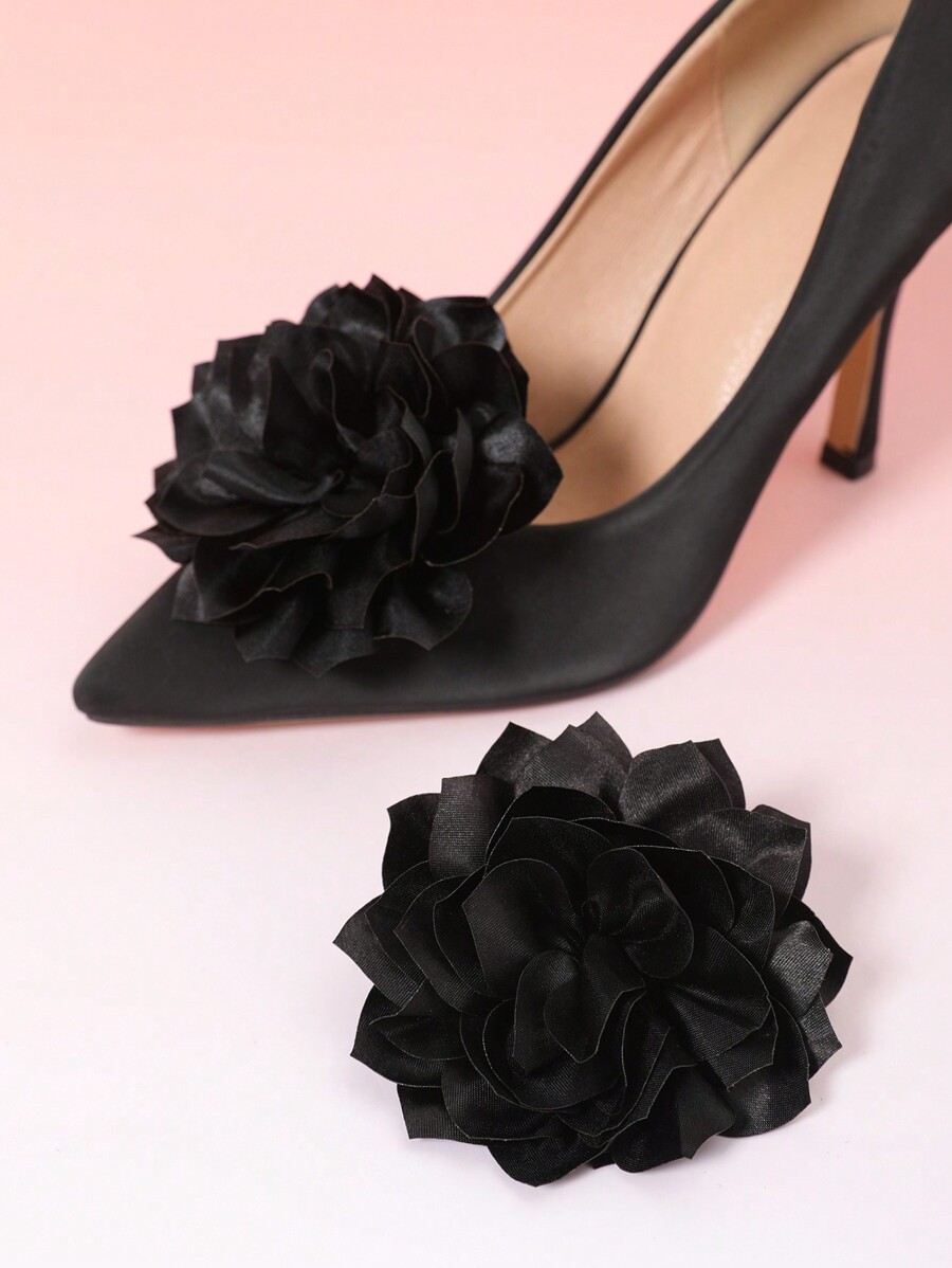 1pair (2pcs) Black Removable Diy Shoe Clips Witth Polyester Flower ...