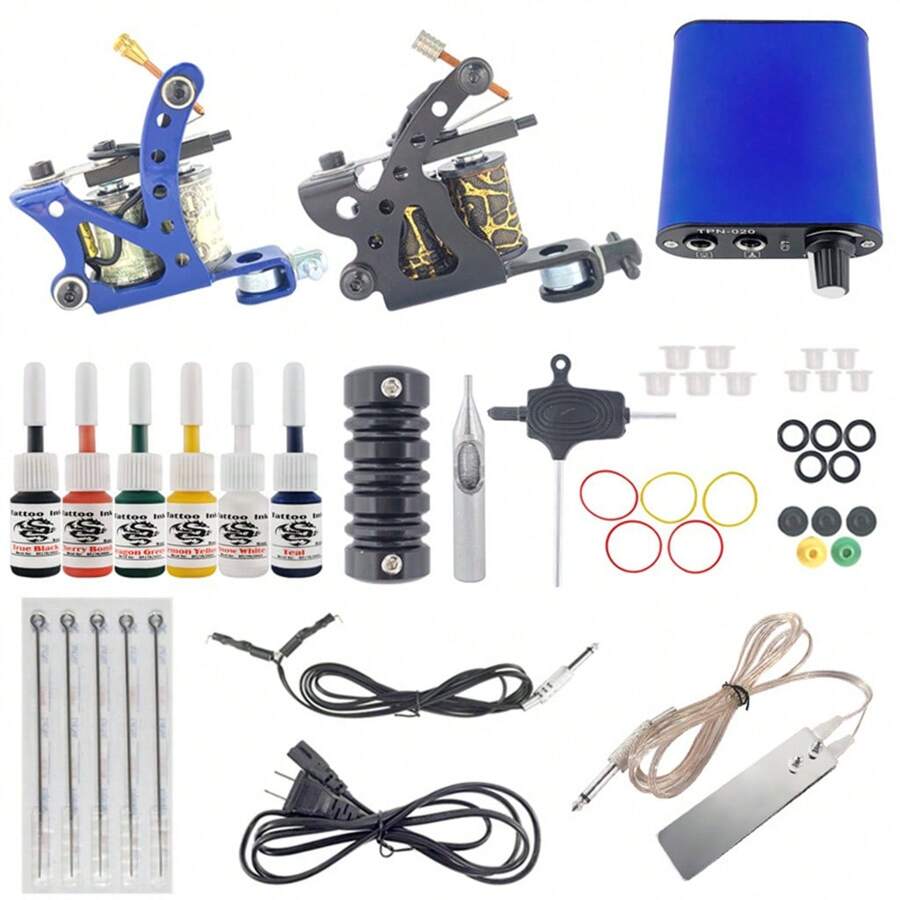 Black & Blue Dual Machine Tattoo Kit, Coil Machine Set For Tattooing ...