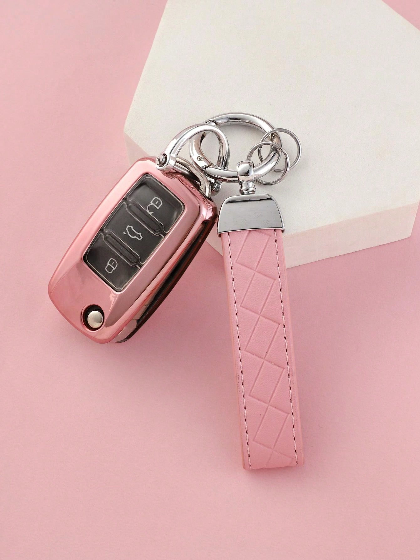 3pcs/Set Tpu Soft Shell Transparent Key Cover With Pink Leather Cord ...