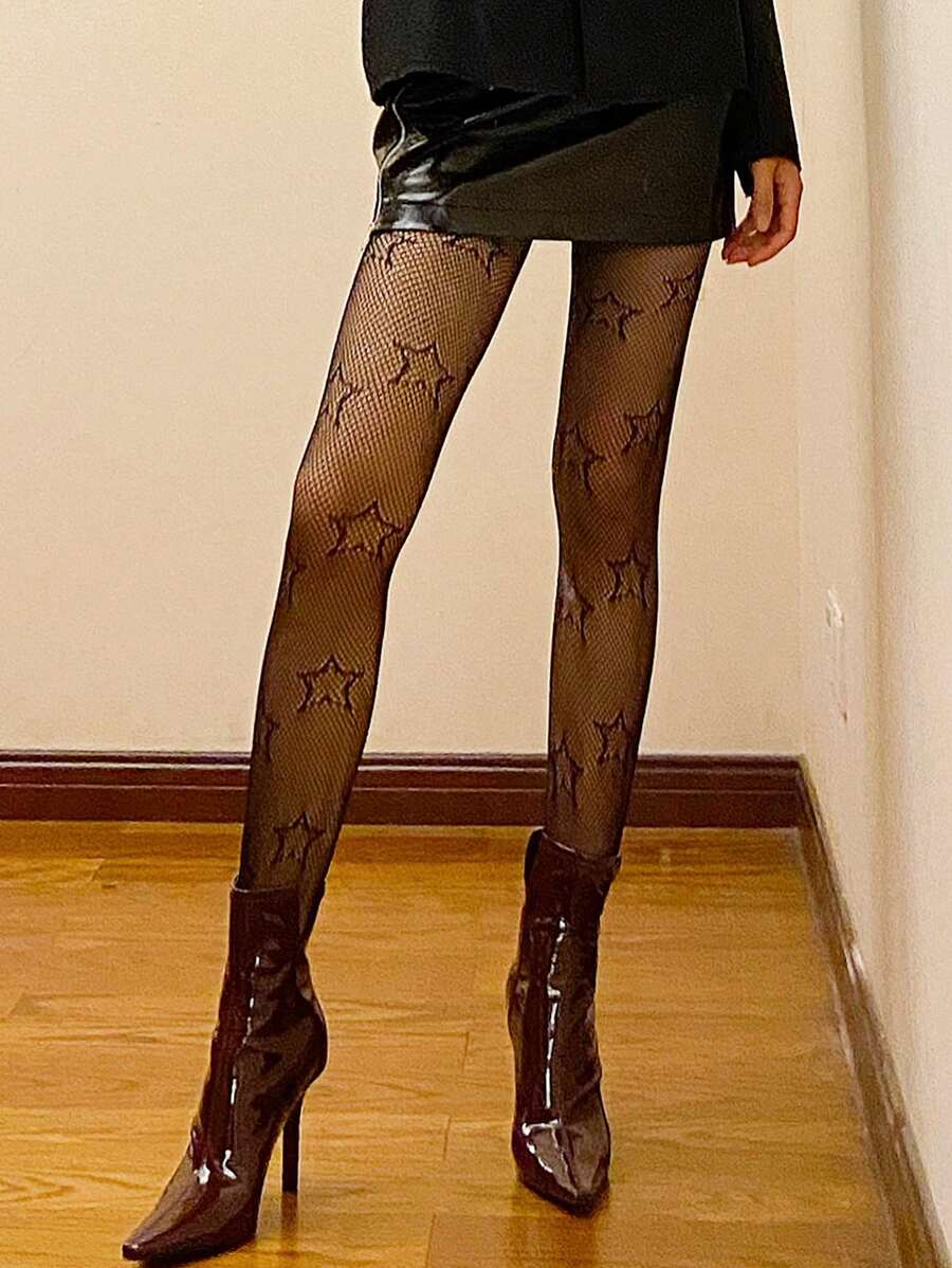 1pair Black Pentagram Fishnet Stockings With Star Detail, Sexy And ...