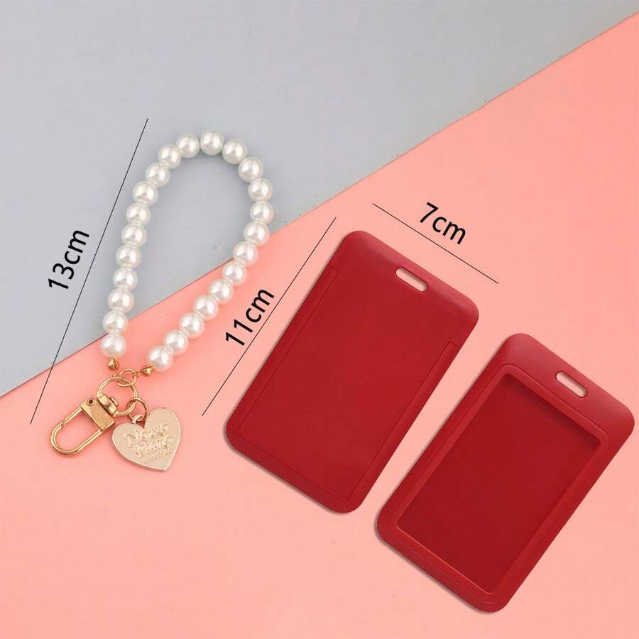 1pc Macaron Abs Solid Color Push-Pull Card Holder With Faux Pearl Chain ...