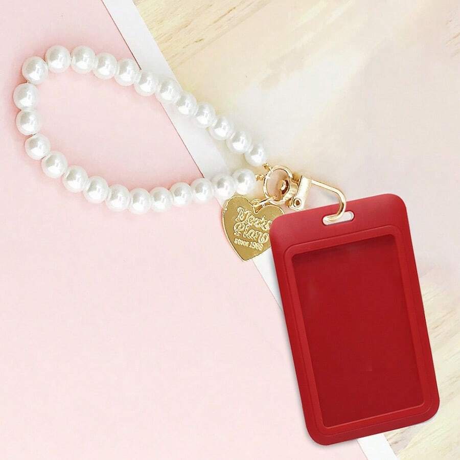 1pc Macaron Abs Solid Color Push-Pull Card Holder With Faux Pearl Chain ...