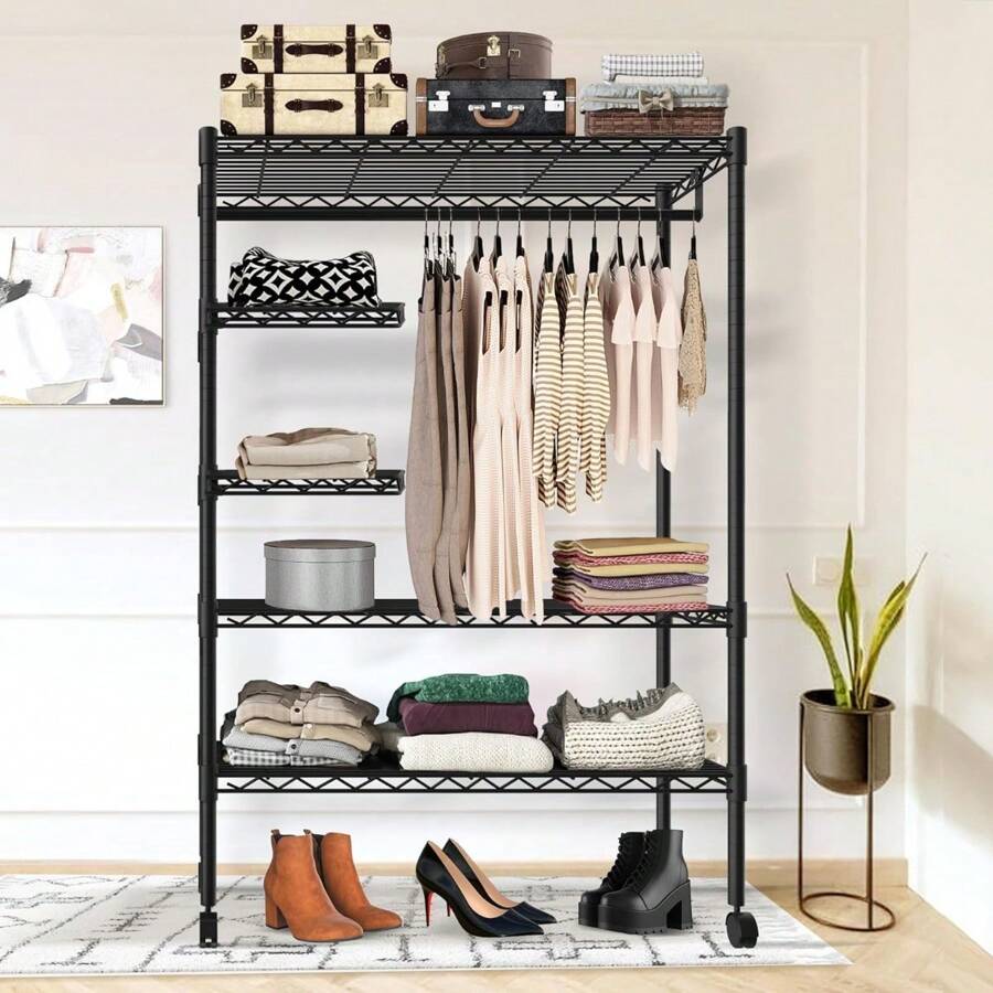 Heavy Duty Garment Rack, Free-Standing Rolling Clothes Rack With Fitted ...