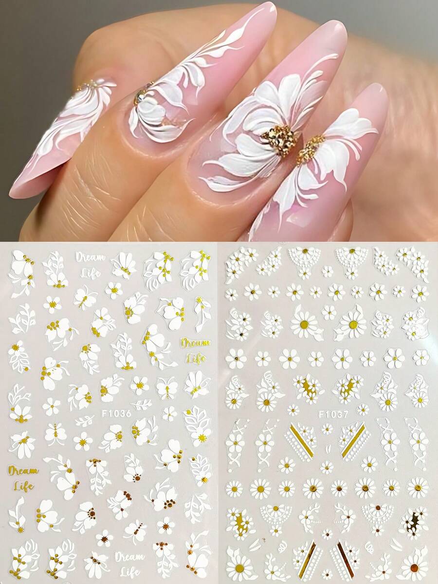 2pcs White Blooming Flower Clusters Nail Stickers And Decals Daisy ...